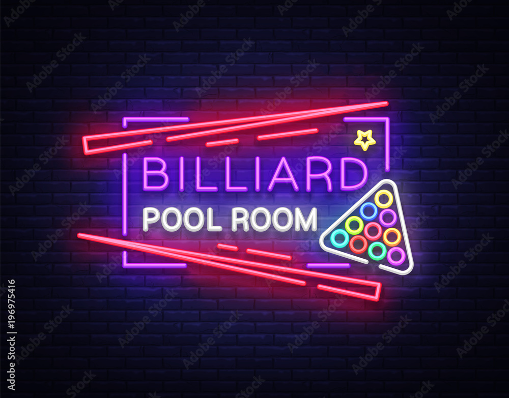 Billiard club neon sign. Billiard pool room Design template Bright neon ...