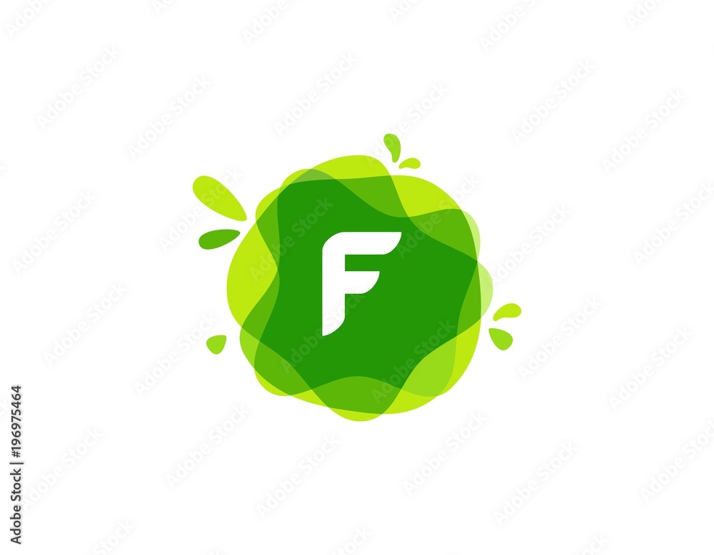Letter F logo at green watercolor splash background. green nature logo ...