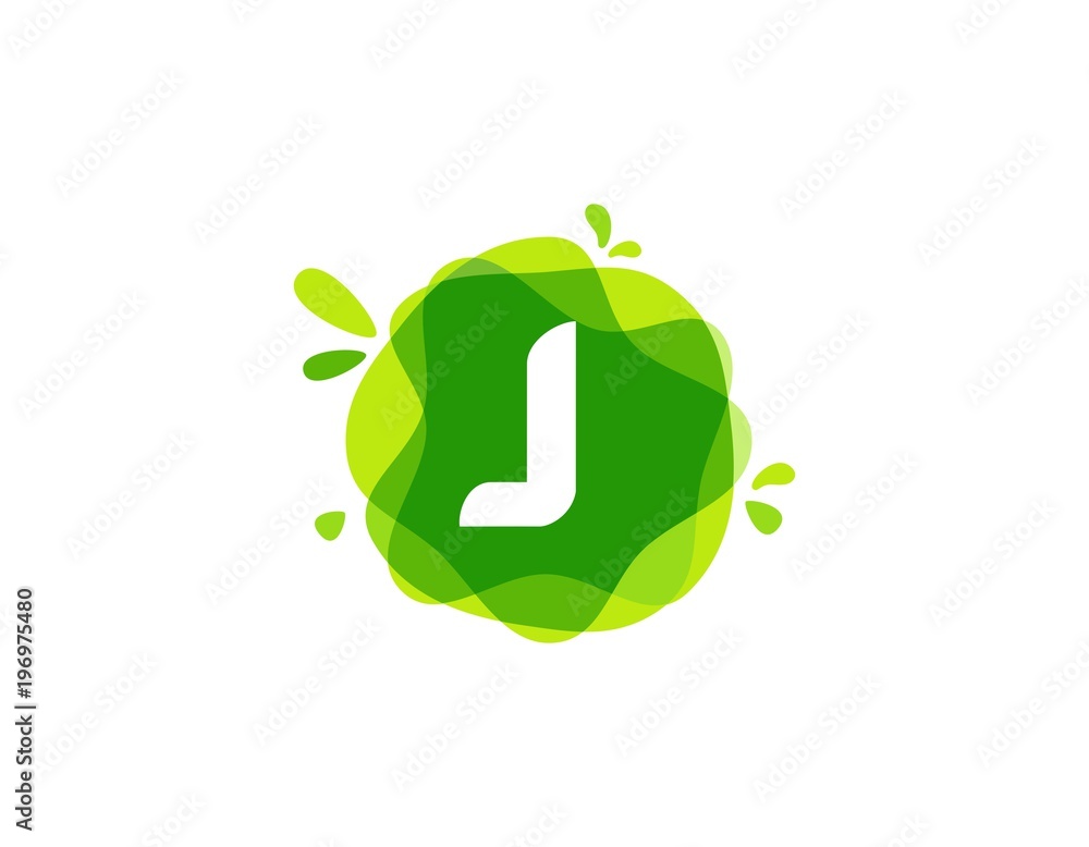 Letter J logo at green watercolor splash background. green nature logo ...