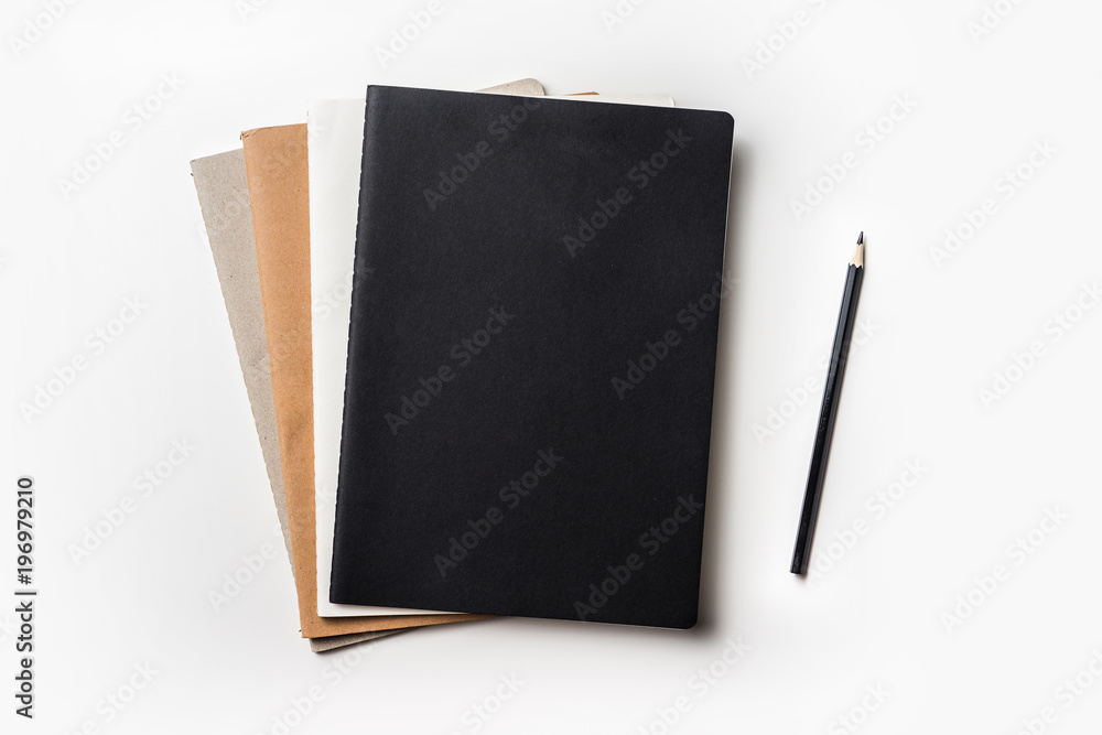 Design concept - Top view of 4 notebooks and color pencil isolated on ...