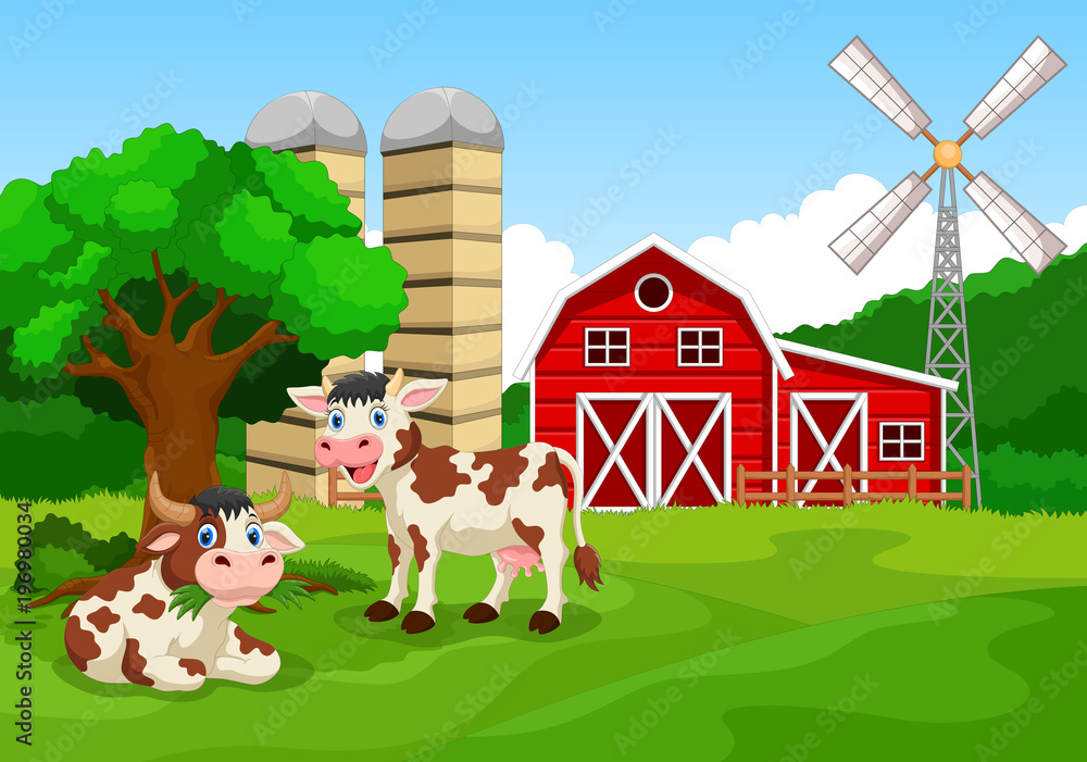 Funny caws with farm background Stock Vector | Adobe Stock