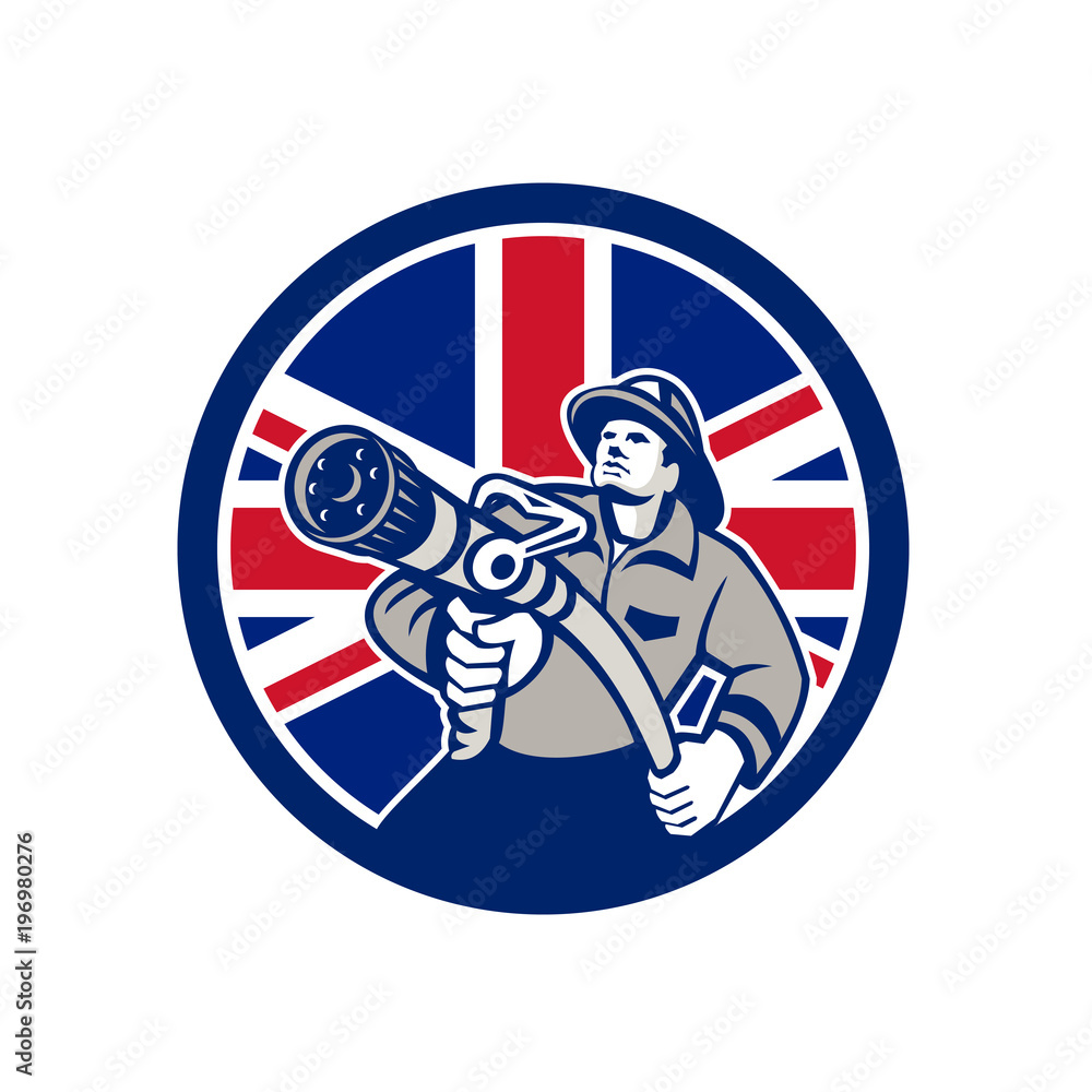 Icon retro style illustration of a British firefighter or fireman ...