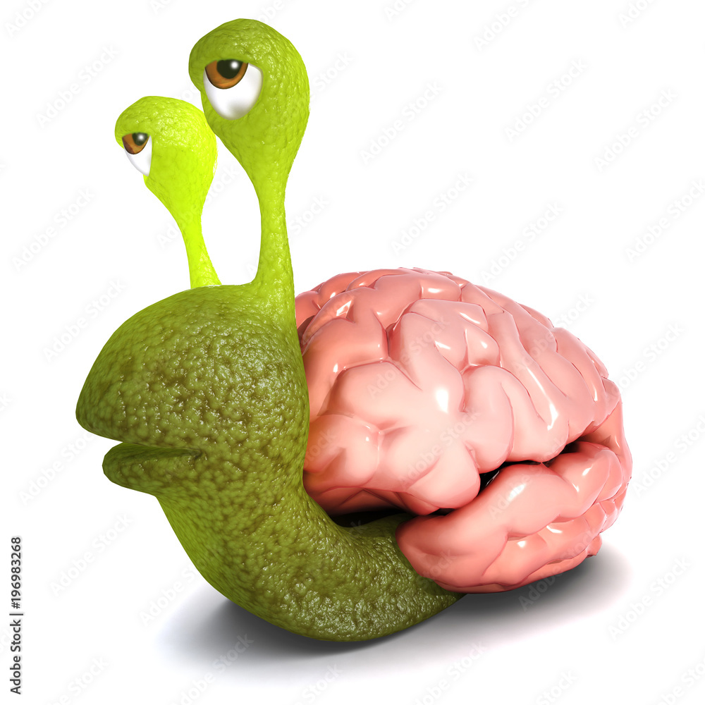3d Funny cartoon snail character carrying a brain instead of a shell ...