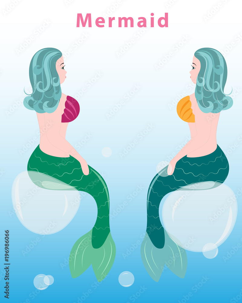 Blue sea water.Two cute Mermaid character sitting on the air bubble ...