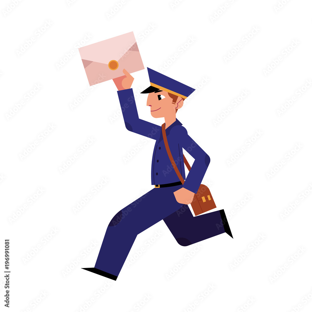 Cartoon postman cheerful character running holding letter or mail and ...