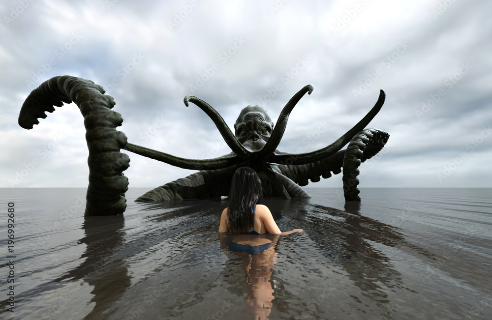 ภาพประกอบสต็อก 3d fantasy illustration,Woman being attack by a sea monster,book cover or book ...