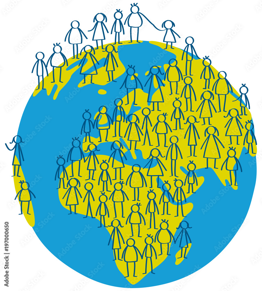 Vector illustration of stick figures people standing on earth globe ...