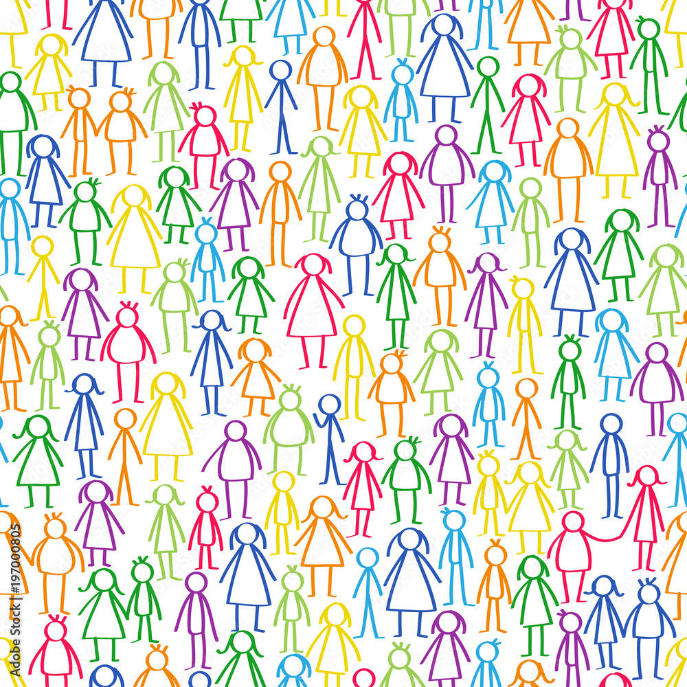 Vector illustration of colorful male and female stick figures repeating ...