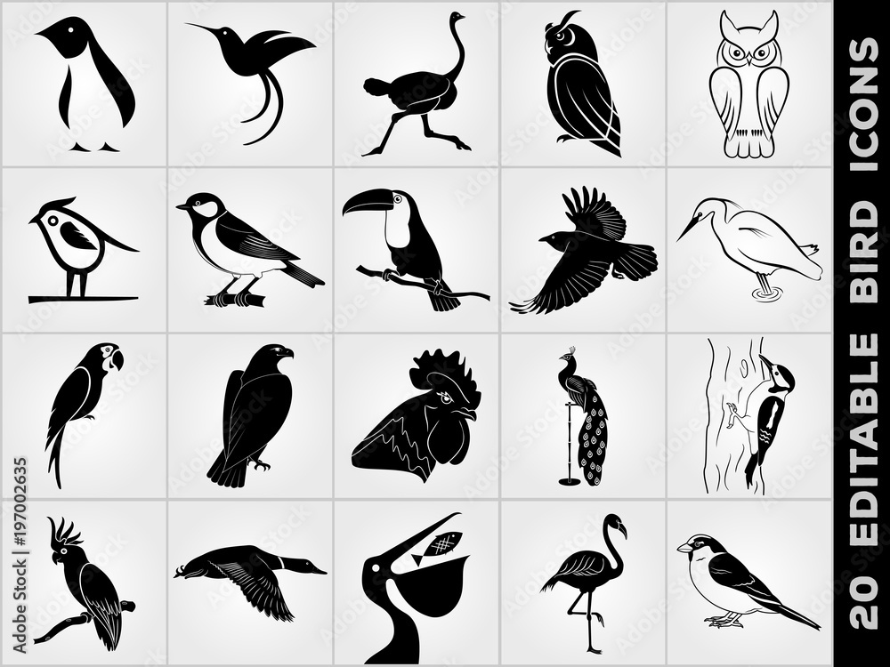 Set of Birds icons. Penguin, Bird, Pelican, Humming Bird, Owl, Eagle ...