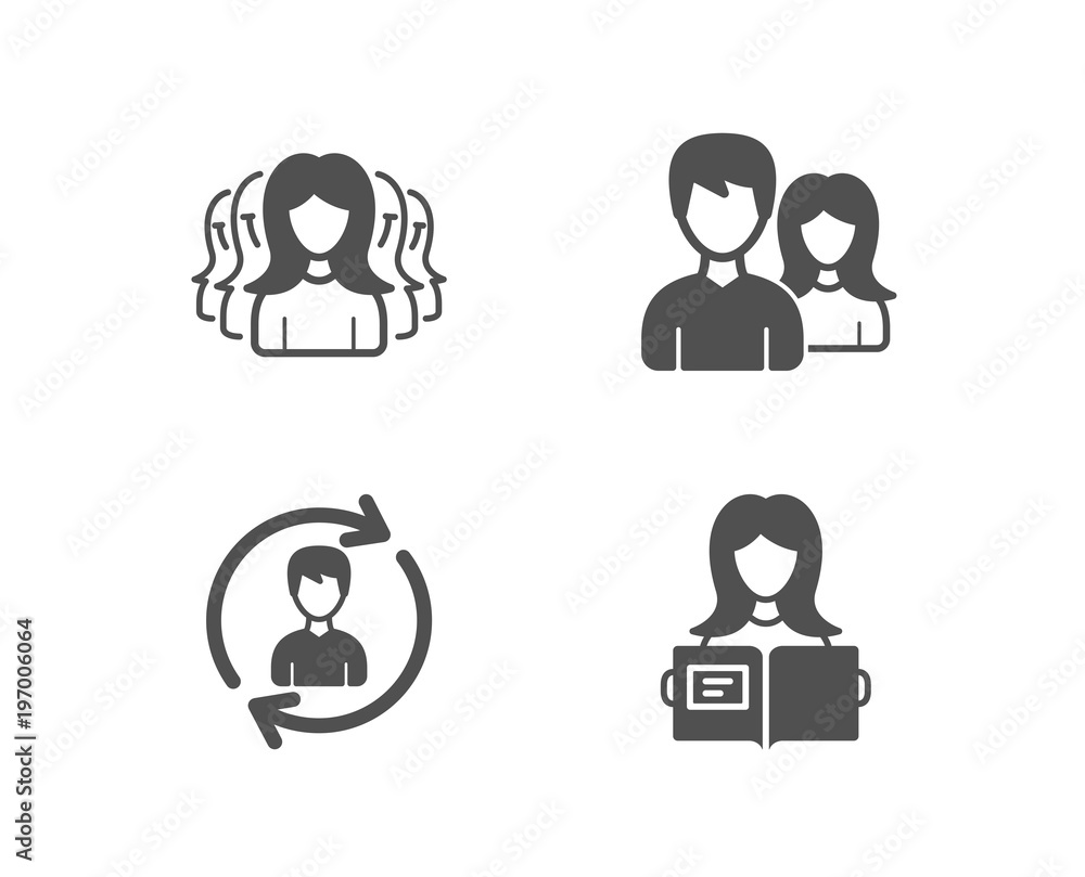Set of Teamwork, Women group and Human resources icons. Woman read sign ...