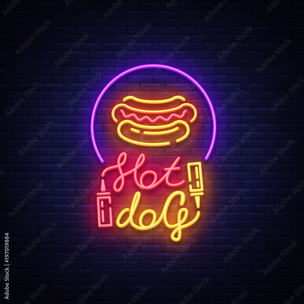 Hot dog logo in neon style design template. Hot dog neon signs, light ...