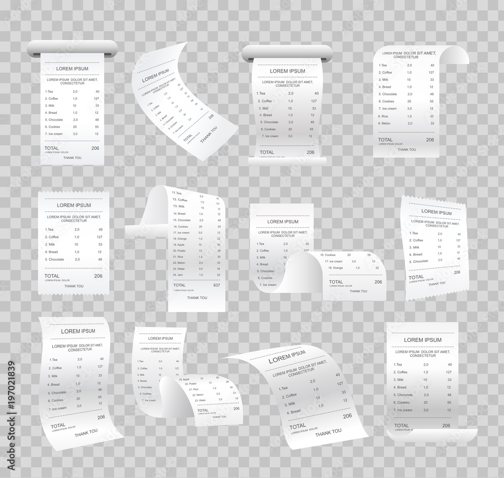 Vector illustration set of realistic paper checks, bills, various ...