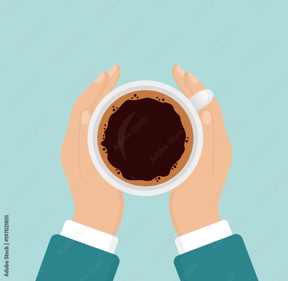 Vector illustration of hands holding hot coffee cup, business person ...