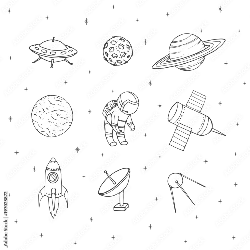 Hand drawn vector space elements outline: cosmonaut, satellites, rocket ...
