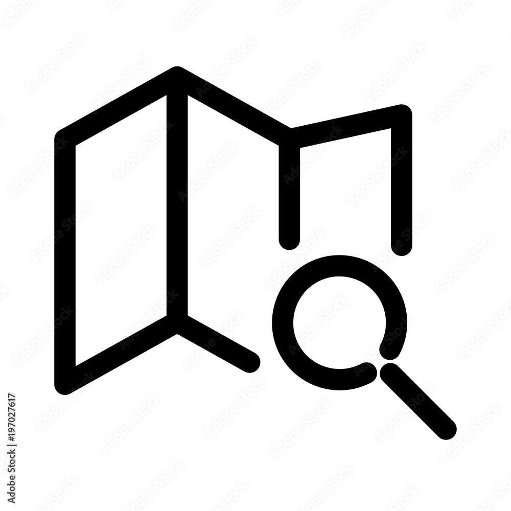 Folding paper map with small magnifying glass icon. Symbol of ...