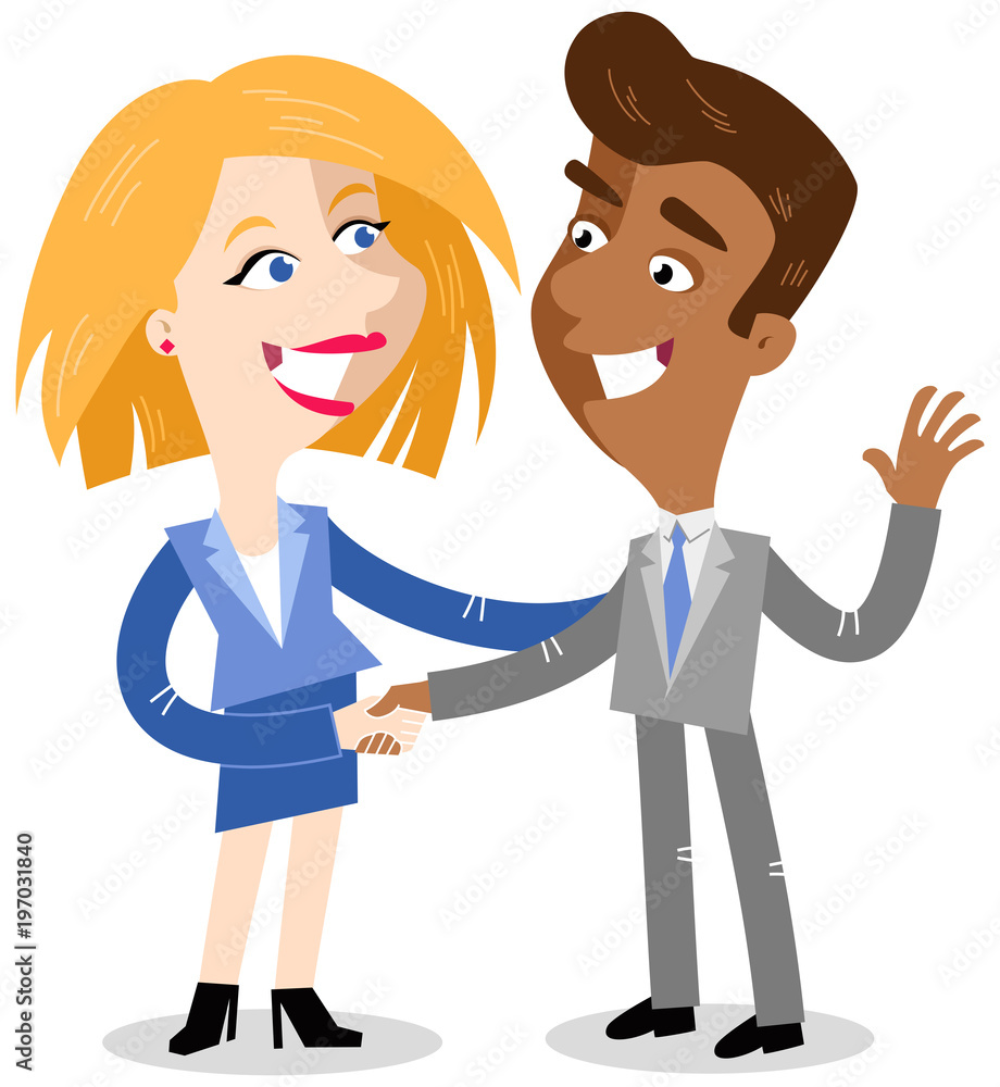Vector illustration of two cartoon business people shaking hands making ...
