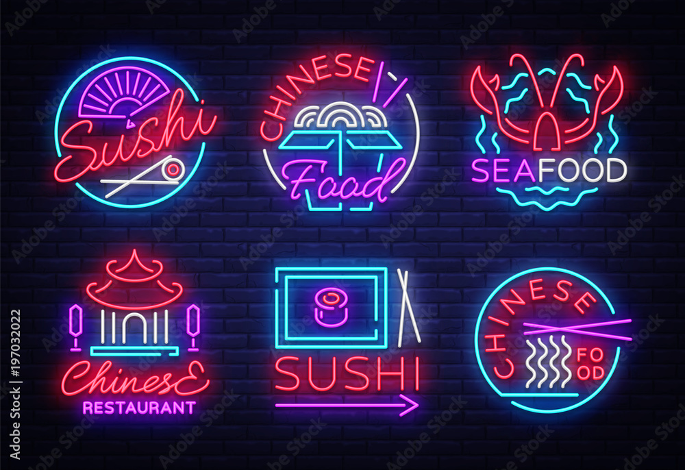 Collection neon signs Food. Set Logos in neon style Sushi, Seafood ...