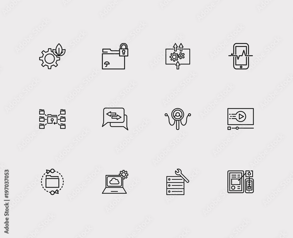Tech icons set with data analytics, mobile application and software api ...