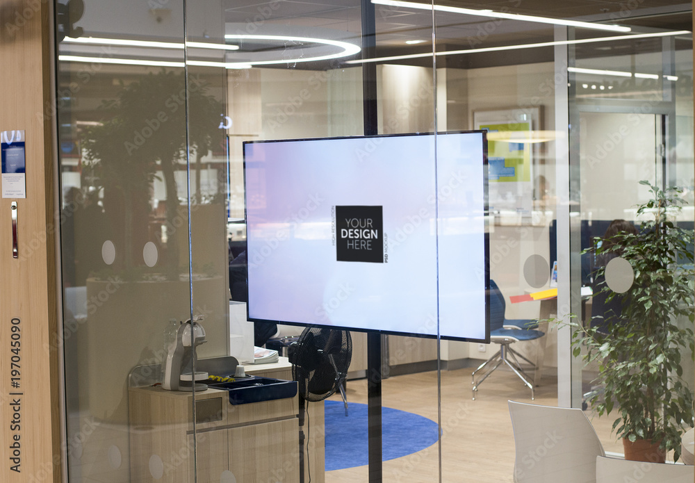 Flatscreen or LCD TV in Corporate Office Mockup Stock Template | Adobe ...