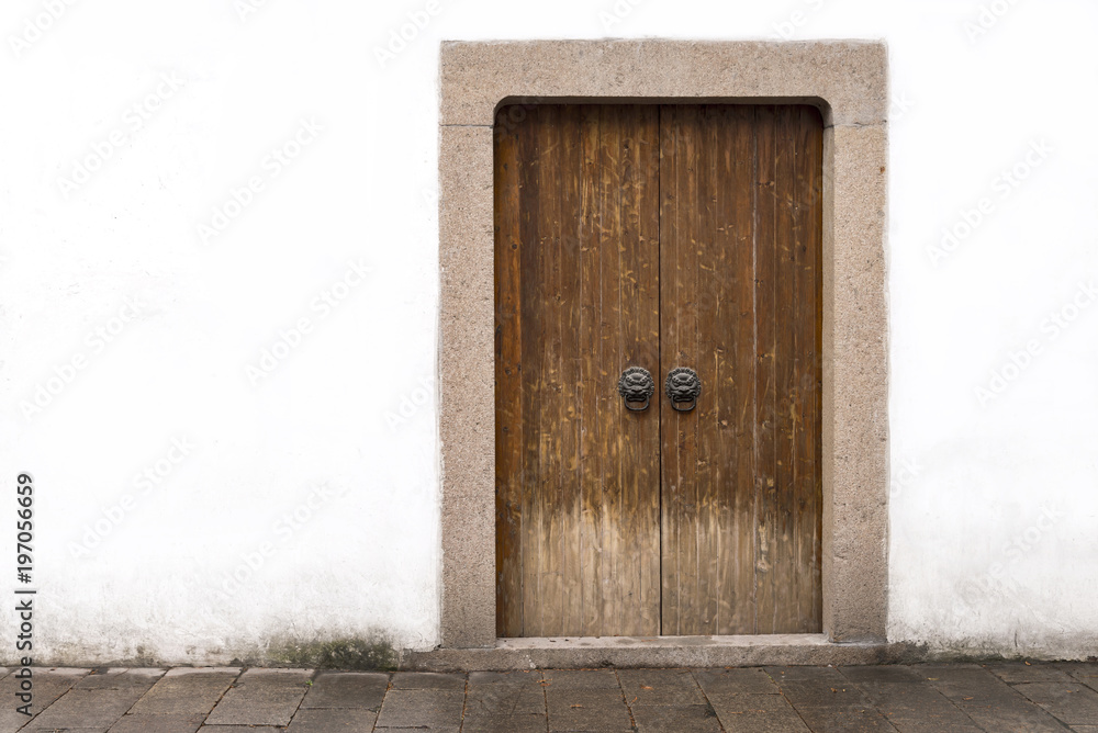 Traditional classic chinese wood door or gate with locked key and ...
