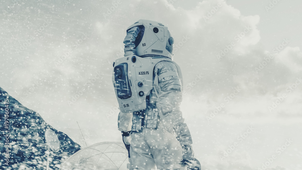 Shot of the Astronaut Looking Through the Snow Storm on Frozen Alien ...