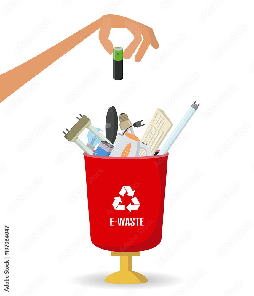 Man throws garbage into a e-waste container on white background. Stock ...