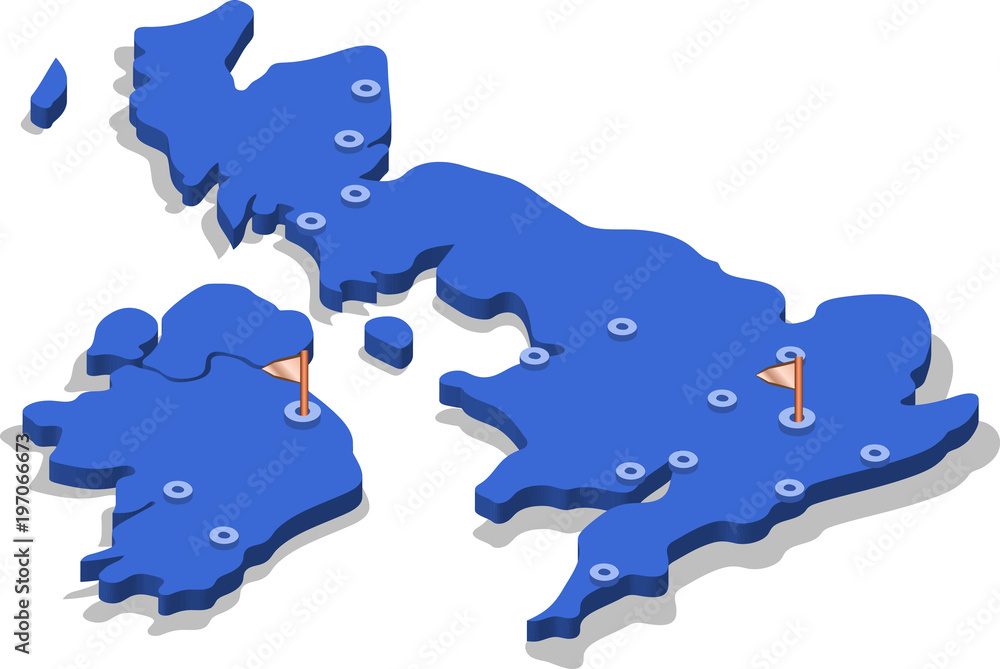 3d isometric view map of England with blue surface and cities. Isolated ...