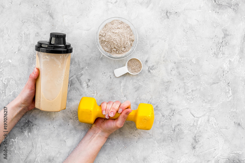 protein powder for fitness nutrition to start training and bars on gray ...