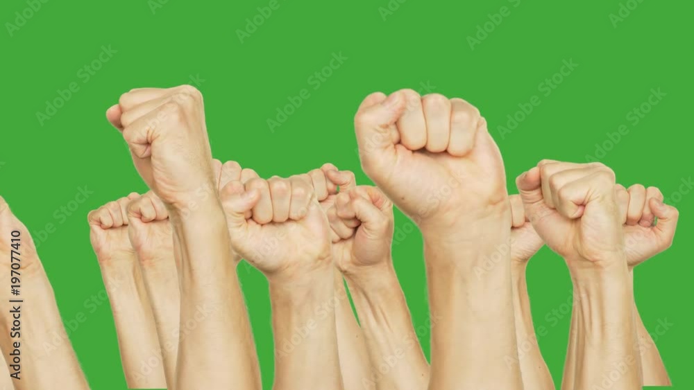 Human moving up clenched fist on meeting isolated on green background ...