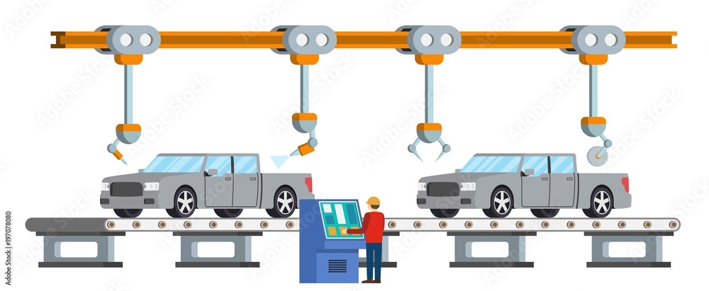 Car assembly line. Automatic auto production conveyor. Robotic car ...