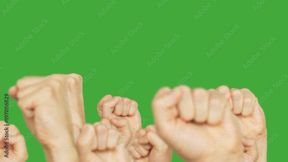 Crowd people with clenched fists up walking forward on protest meeting ...