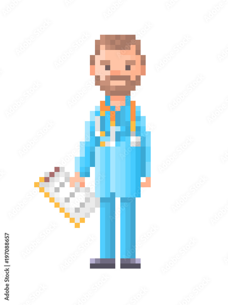 Standing bearded doctor with stethoscope in blue uniform holiding a ...