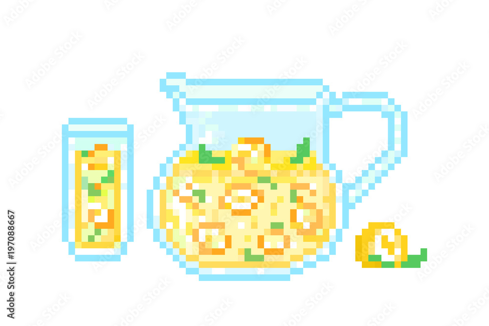 Refreshing icy lemonade with mint in a pitcher and a glass, set of 8 ...