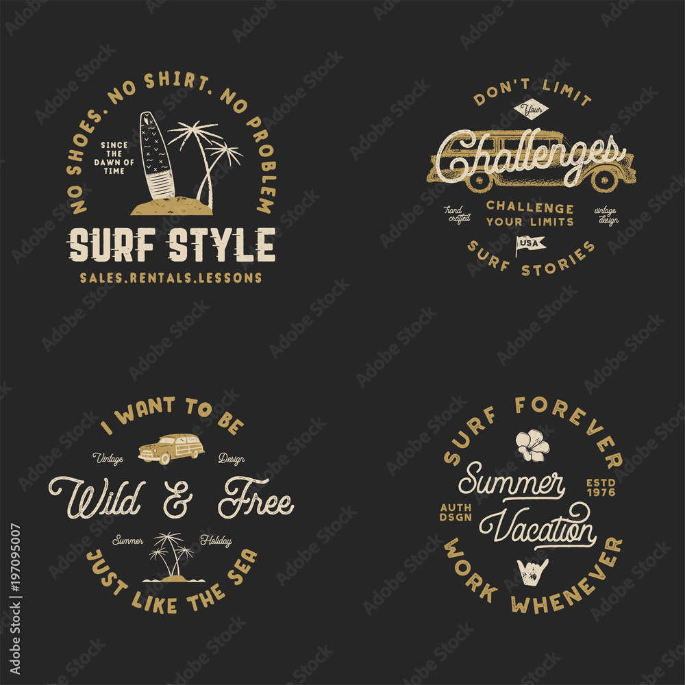 Vntage Hand Drawn Surfing Graphics and Emblems for web design or print ...