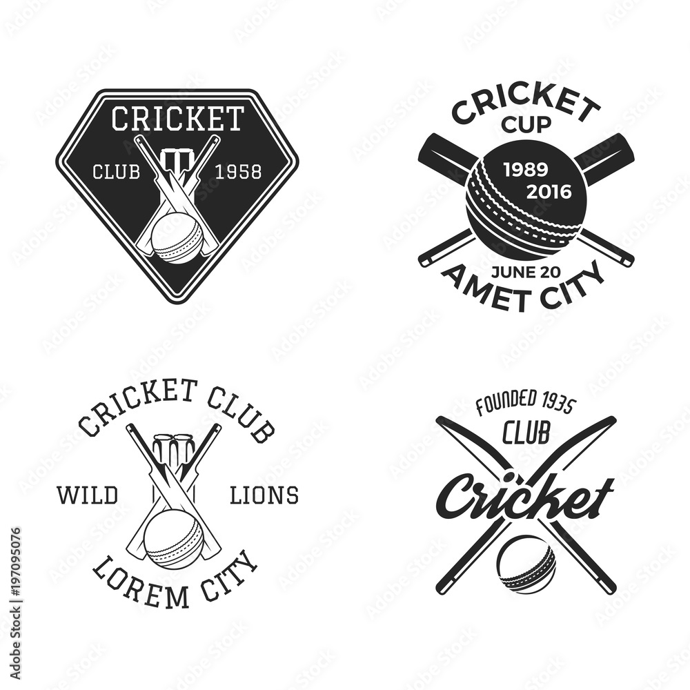 Cricket logo set, sports template emblems elements - ball, bat. Use as ...