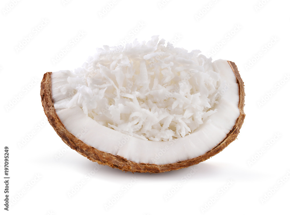 Coconut with coconut flakes isolated on white background. Stock Photo ...