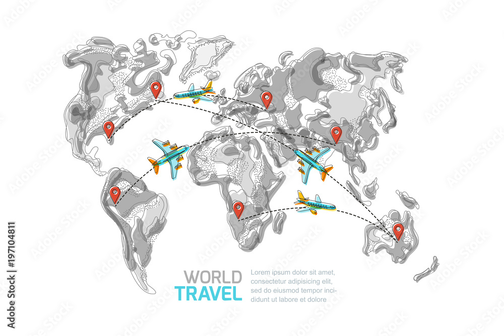 Vector abstract grayscale world map with red pins and blue flying ...