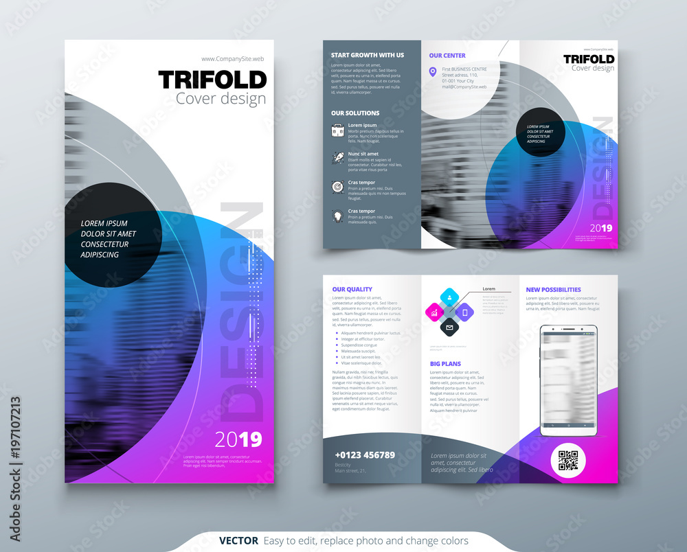 Tri fold brochure design. Purple corporate business template for tri ...