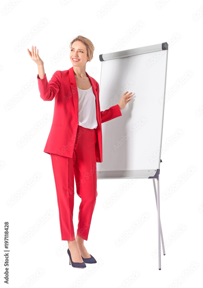 Female business trainer giving presentation on board against white ...