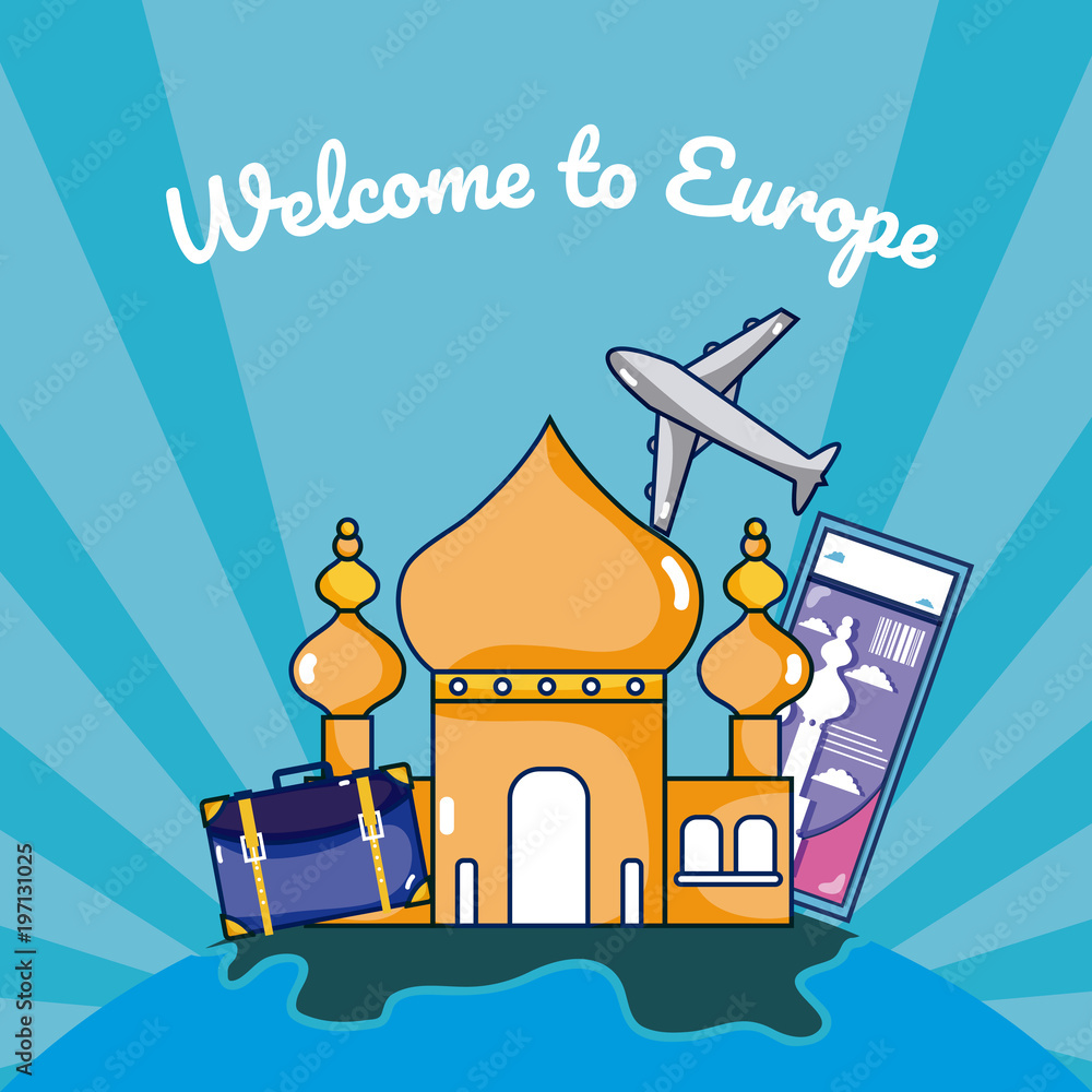Travel and discover europe cartoons over striped blue background Stock ...