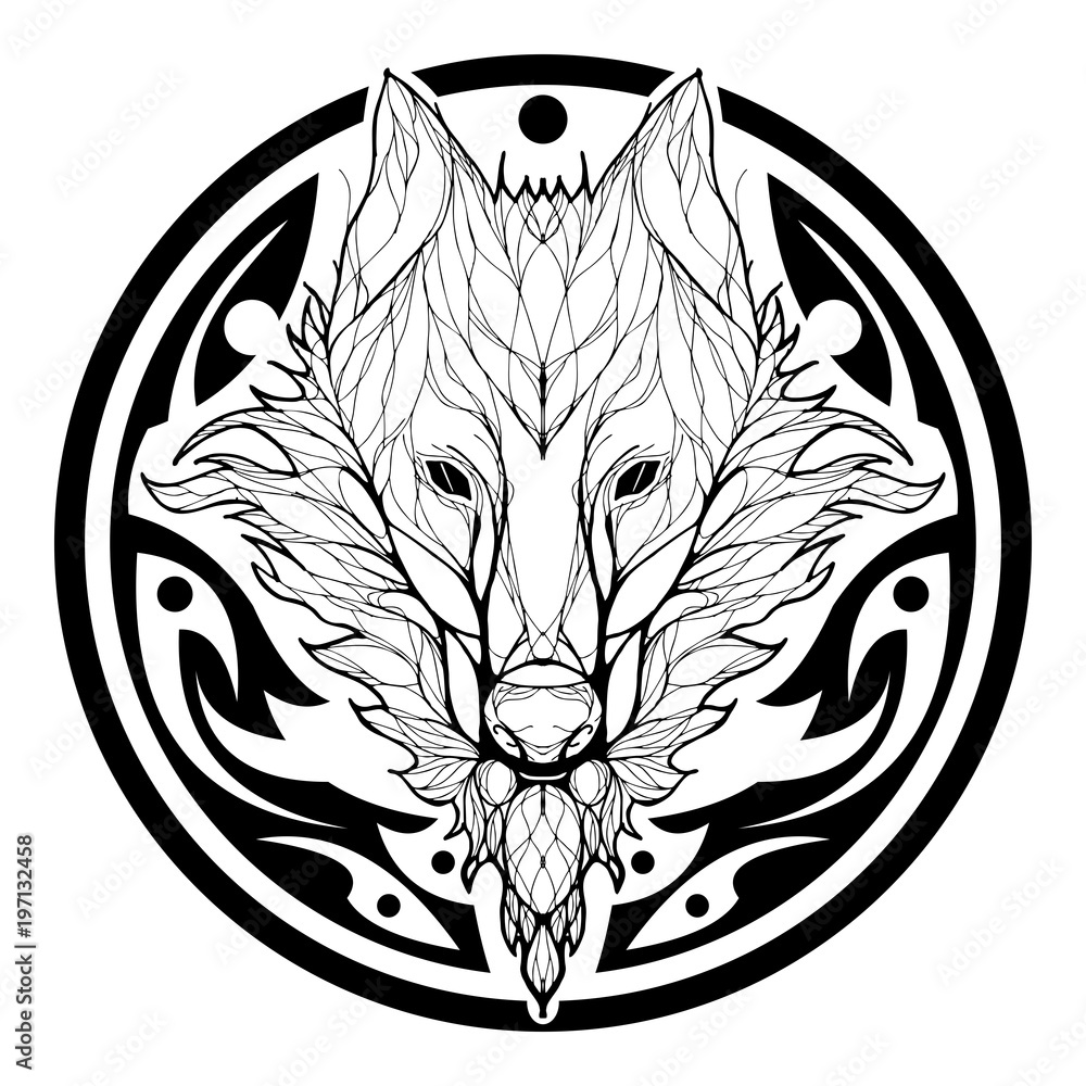 Wolf face double exposure with tree in Aztec tribal circle shape tattoo ...