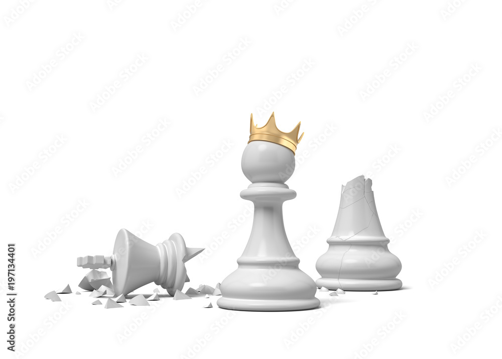3d rendering of a white chess pawn wearing a gold crown and standing ...