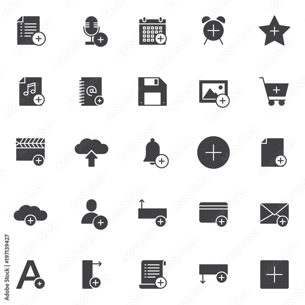 Add objects vector icons set, modern solid symbol collection, filled ...
