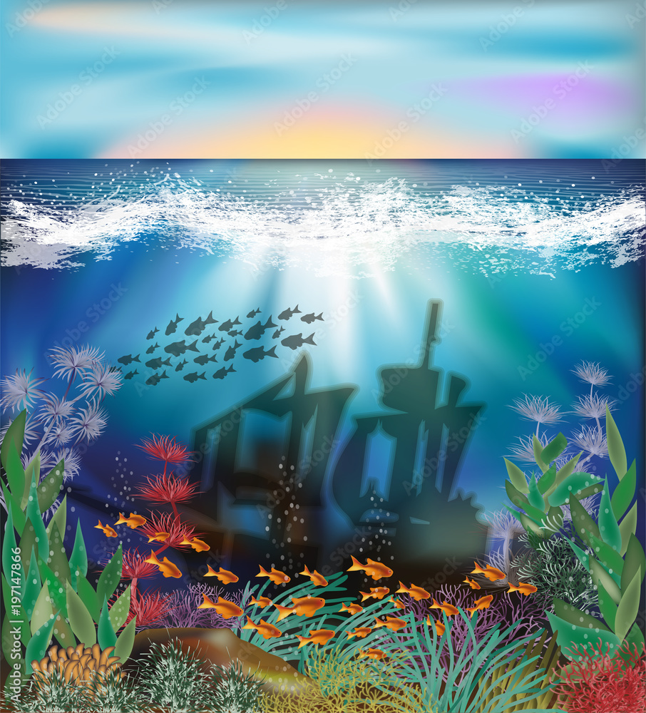 Underwater background with sunken ship, vector illustration Stock ...