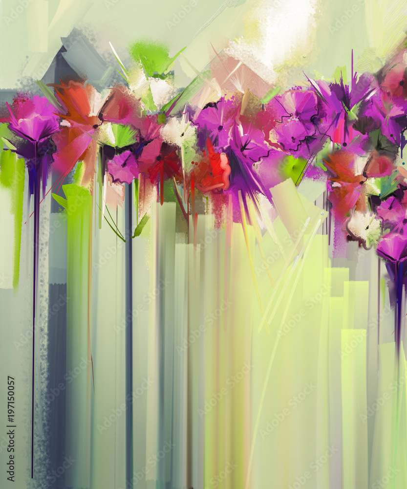 Abstract floral oil color painting. Hand painted violet and Red flowers ...