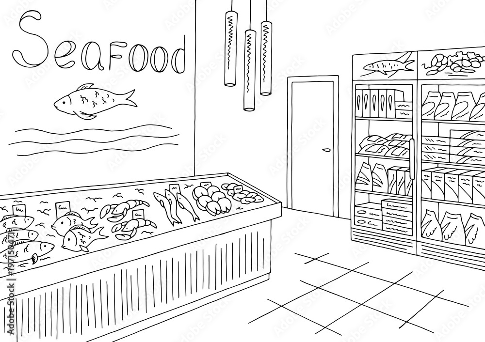 Grocery store graphic seafood fish shop interior black white sketch ...