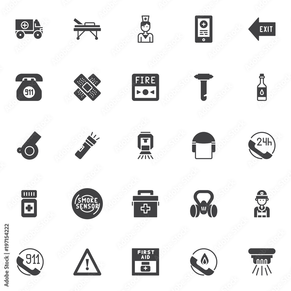Emergencies vector icons set, modern solid symbol collection, filled ...