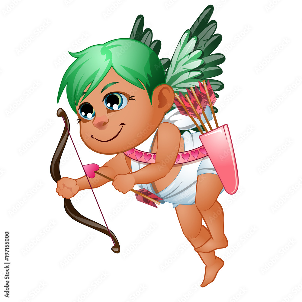 Little girl cupid in toga with green wings and hair, with pink bow ...