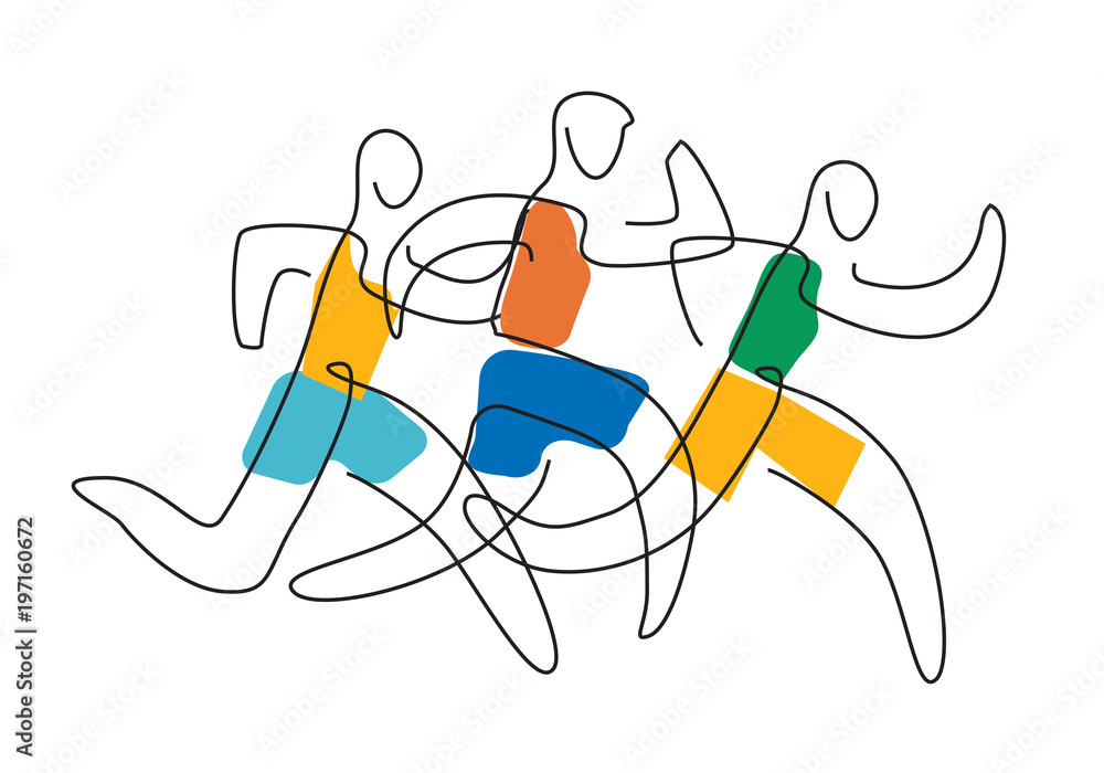 Running race, line art. Three running men. Colorful line art stylized ...