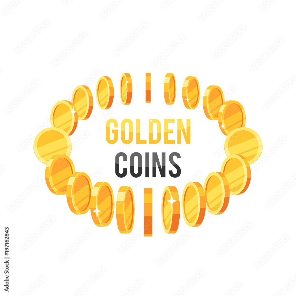 Circle frame gold coins in different positions. Vector illustration in ...